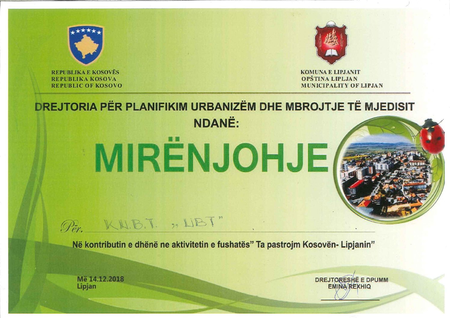 UBT nderohet me mirënjohje nga komuna e Lipjanit UBT nderohet me mirënjohje nga komuna e Lipjanit